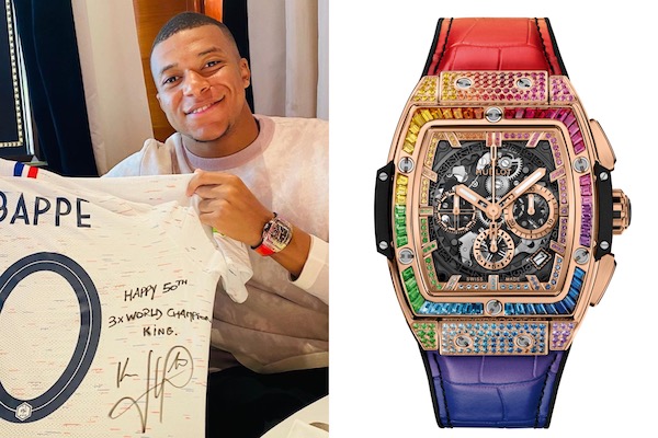 Kylian Mbappé pose avec une montre en or, diamants et arc-en-ciel